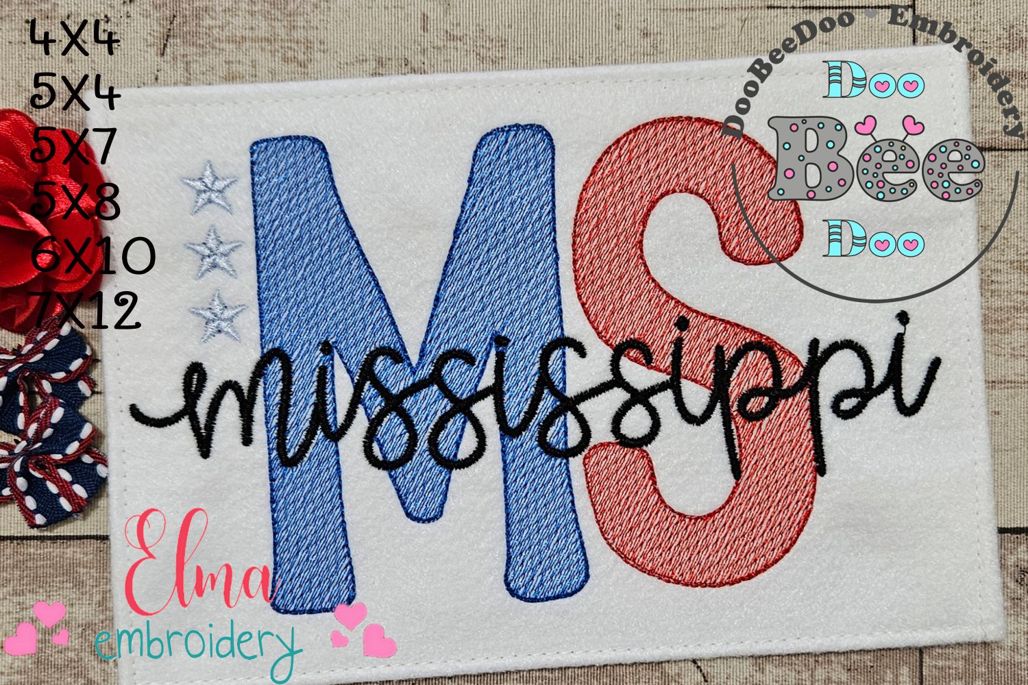 Mississippi MS Stars - Rippled Stitch - Machine Embroidery Design ...