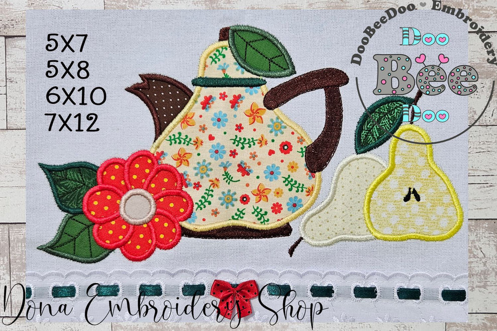 Pears, Teapot and Flower - Applique - Machine Embroidery Design ...