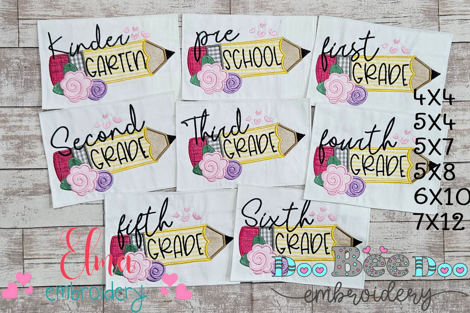 Preschool to 6th Grade Pencil and Flowers - Applique - Set of 8 design ...