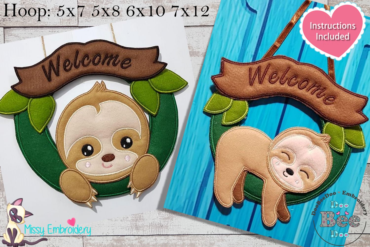 Sloth Welcome Wreath Set of 2 Designs - ITH Project - Machine Embroide ...