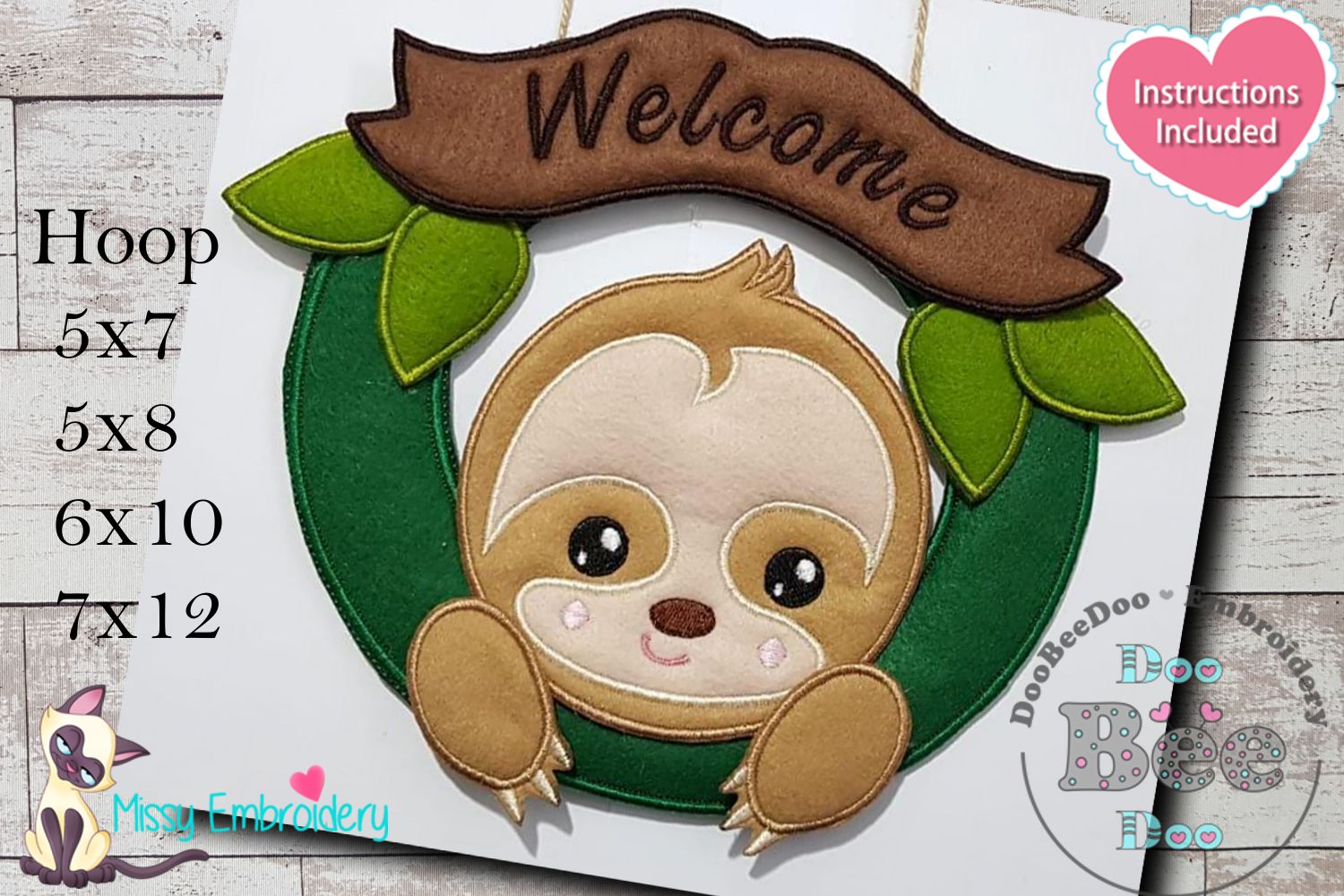 Baby Sloth Welcome Wreath - ITH Project - Machine Embroidery Design ...